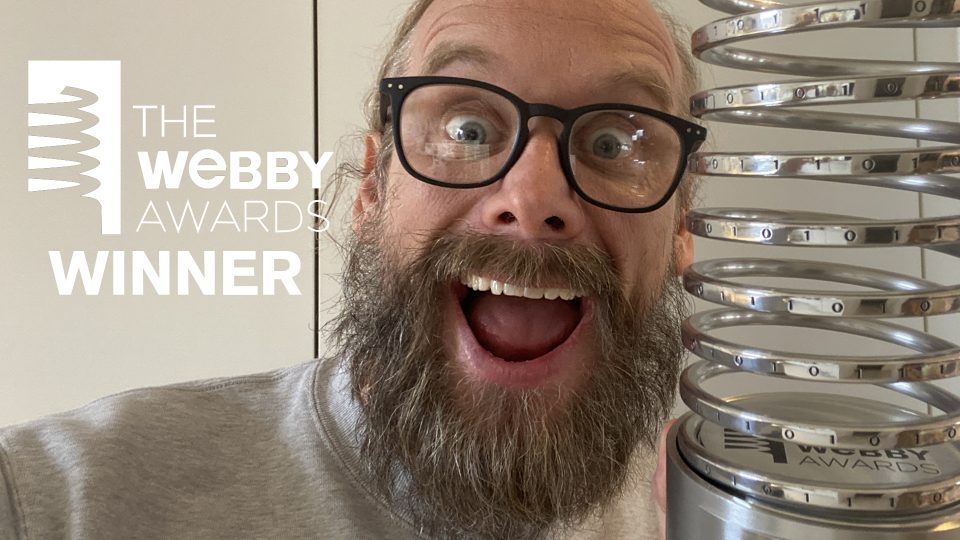 Director Sam Cadman with his Webby for Liquid Death